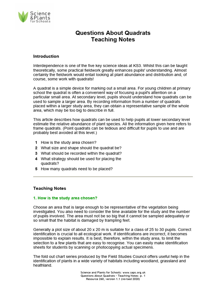 KS3 Science: Using Quadrats | PDF | Sampling (Statistics) | Area