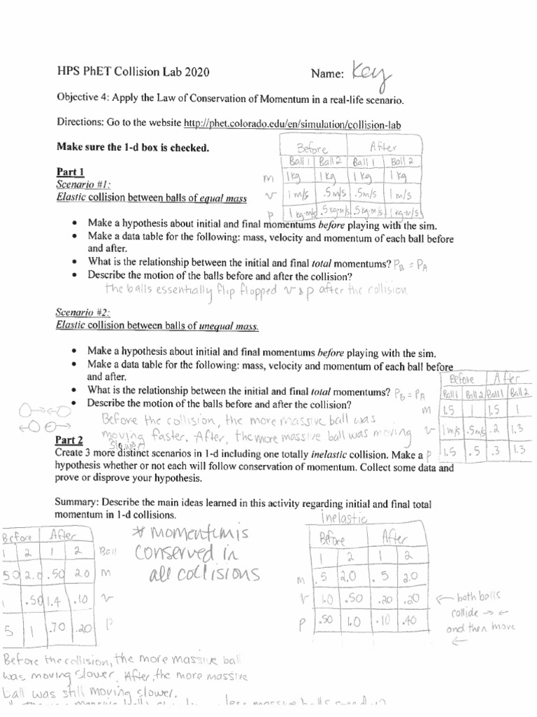 Phet Collision Lab 2020 Key Pdf