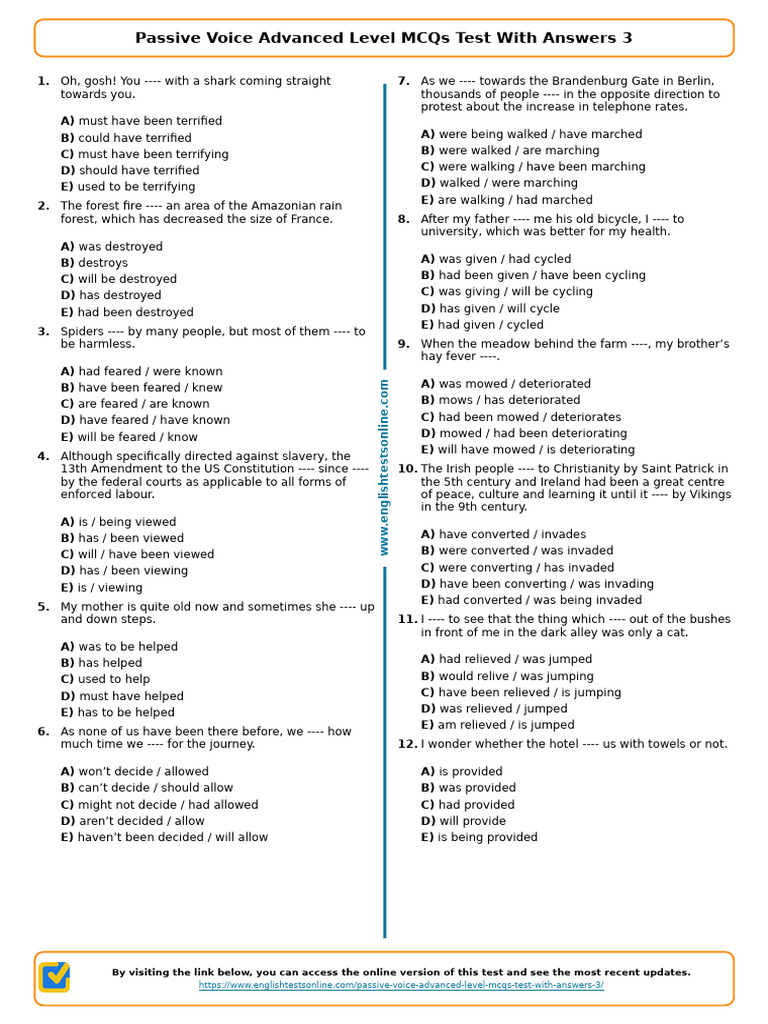 893 Passive Voice Advanced Level Mcqs Test With Answers 3 | Download ...