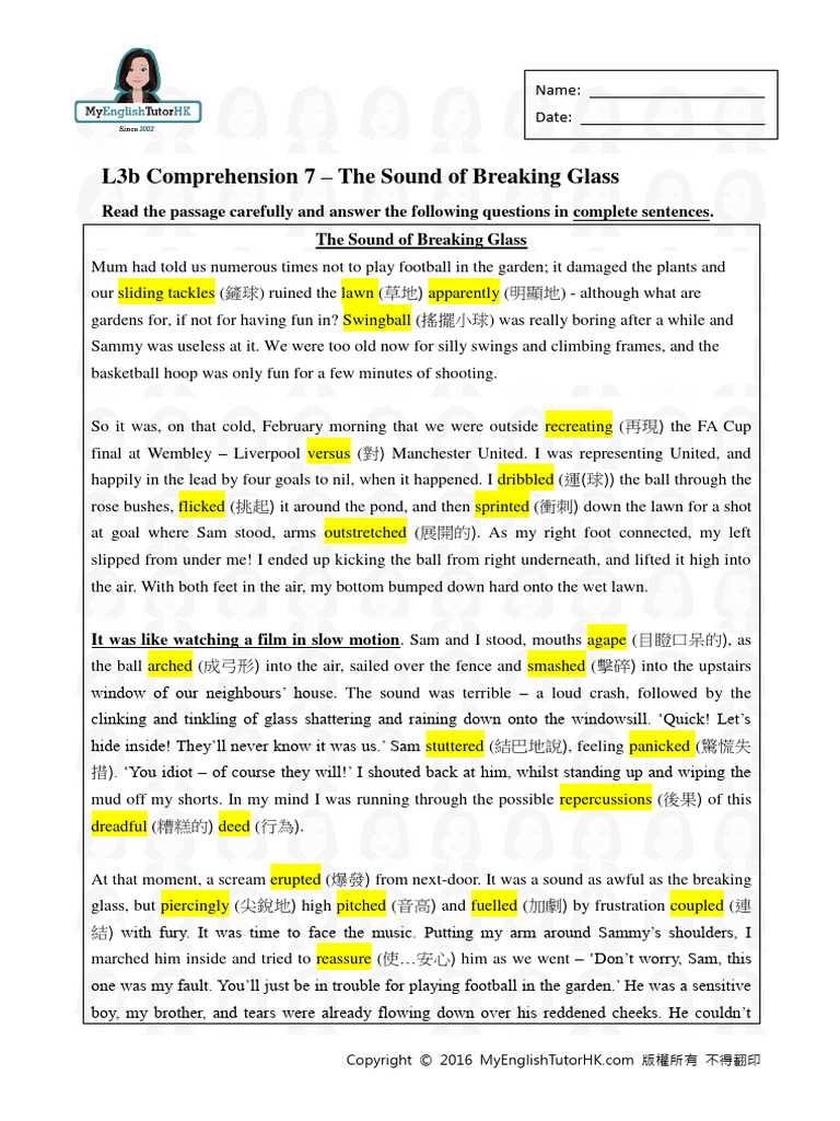 L3b Comprehension 7 The Sound of Breaking Glass 34685463 Answers | PDF