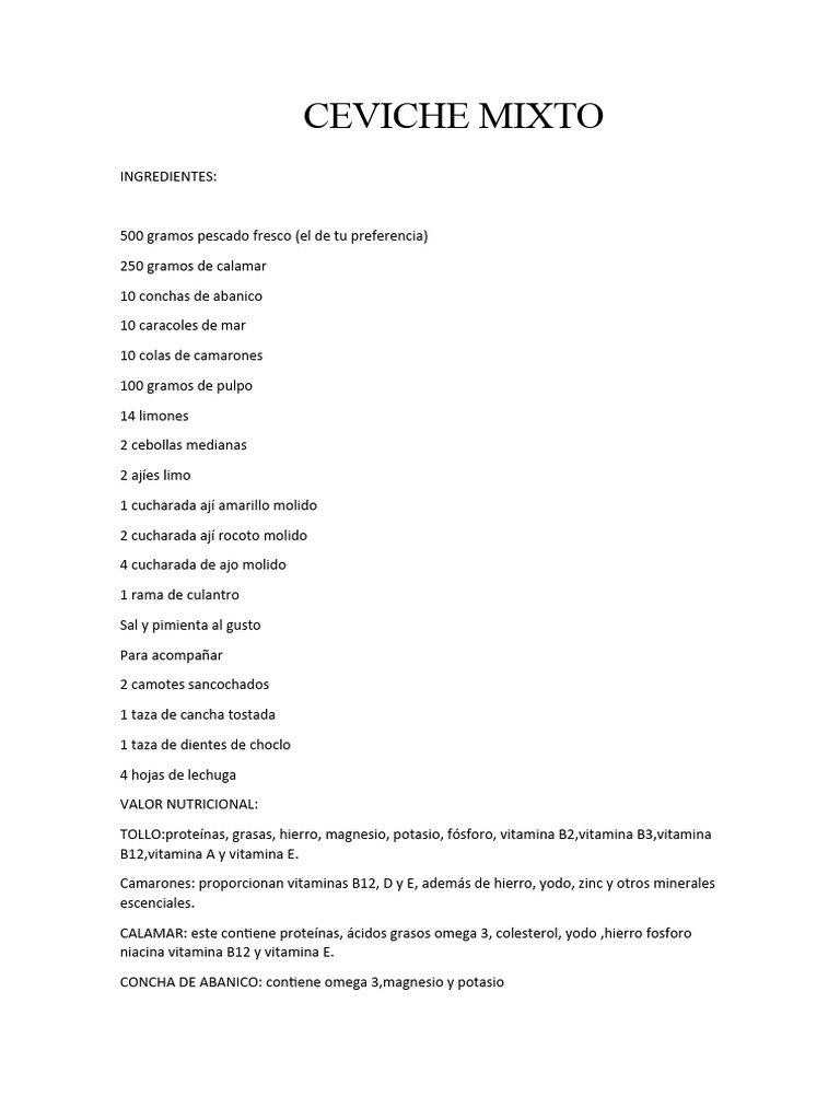 Ceviche Mixto | PDF | Carbohidratos | Vitamina