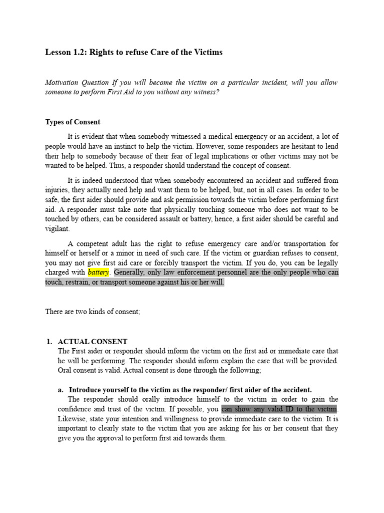 Lesson 1.2 Right To Refuse To Care | PDF | First Aid | Consent
