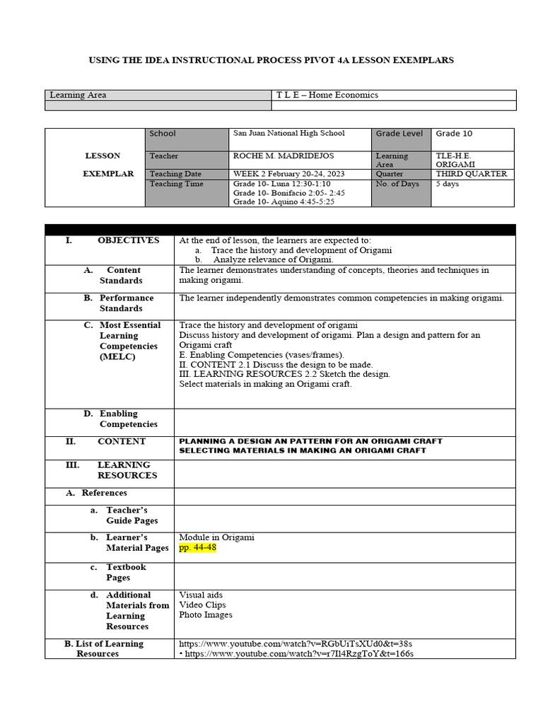 RMM LESSON EXEMPLAR ORIGAMI Wk2 Q3 | PDF | Learning | Human Communication