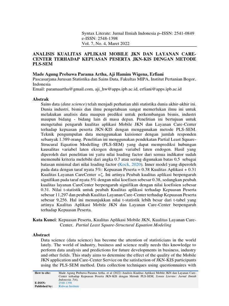Analisis Kualitas Aplikasi Mobile JKN Dan Layanan Care Center Terhadap Kepuasan Peserta Jkn-Kis ...