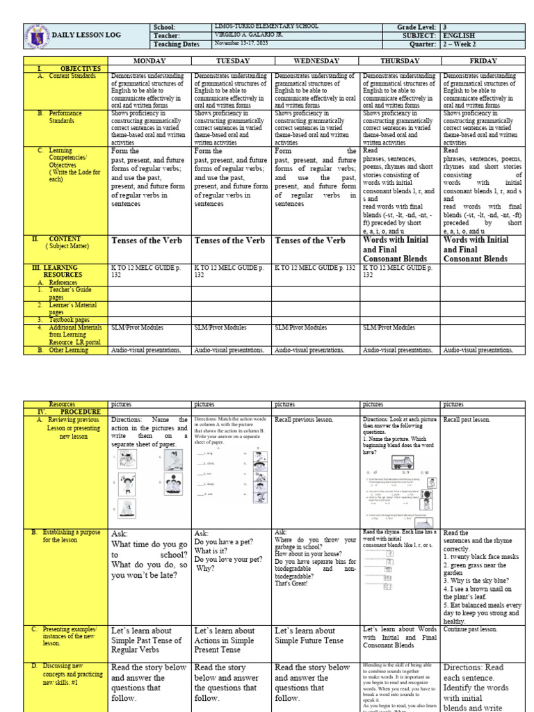 Week2 DLL English | PDF | Grammatical Tense | English Language Week2 DLL English | PDF | Grammatical Tense | English Language