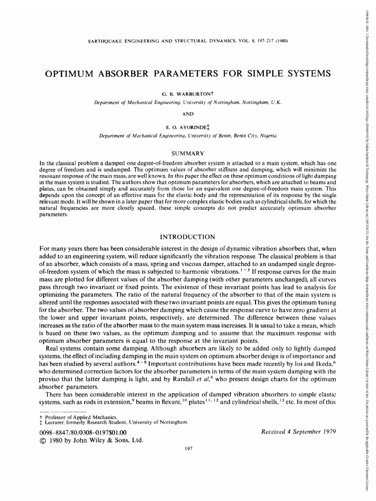 Earthq Engng Struct Dyn - 1980 - Warburton - Optimum Absorber Parameters for Simple Systems ...