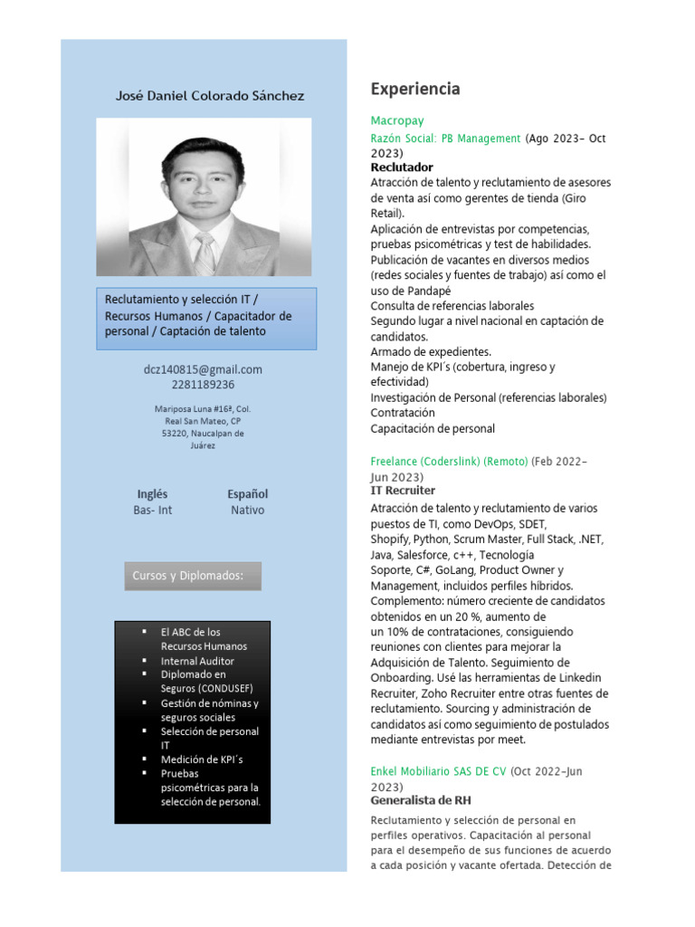 CV Daniel 2023 Oct | PDF | Gestión de recursos humanos | Reclutamiento
