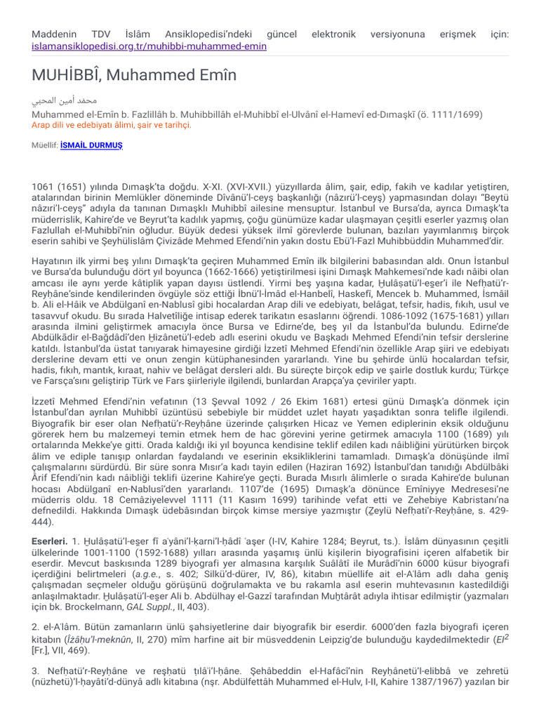 MUHİBBÎ, Muhammed Emîn - TDV İslâm Ansiklopedisi | PDF