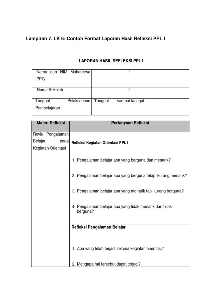 Lampiran 7. LK 6 Contoh Format Laporan Hasil Refleksi PPL I Topik 5 | PDF