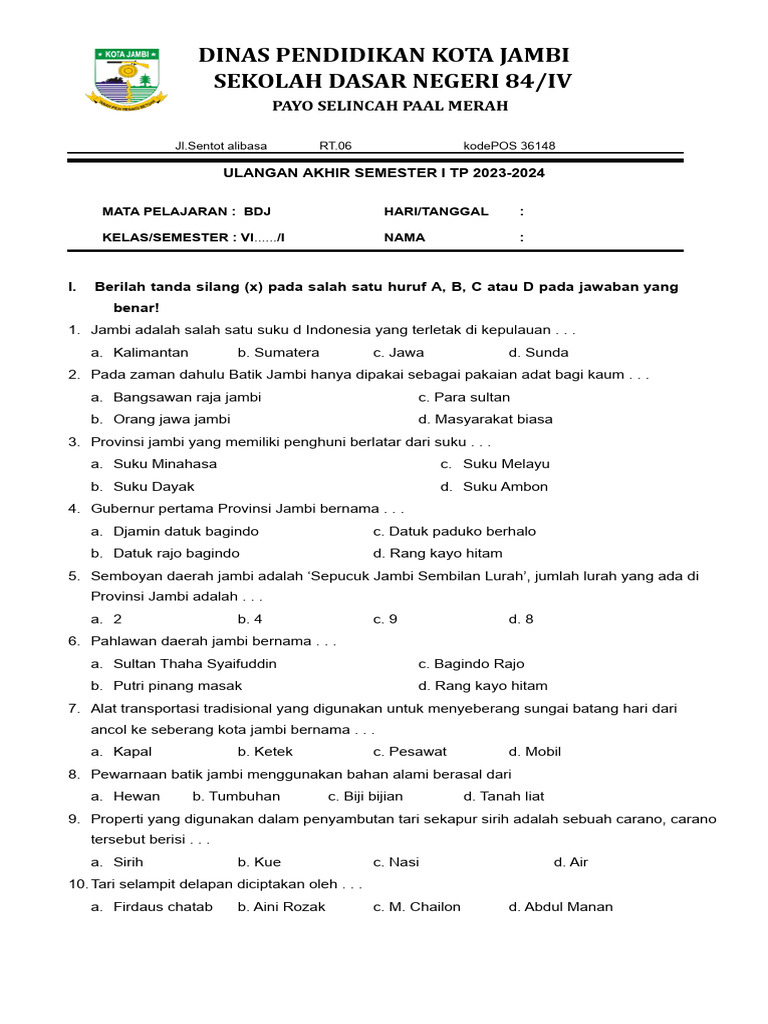 Soal UTS BDJ Kelas 6 Semester 2 | PDF | Perjalanan