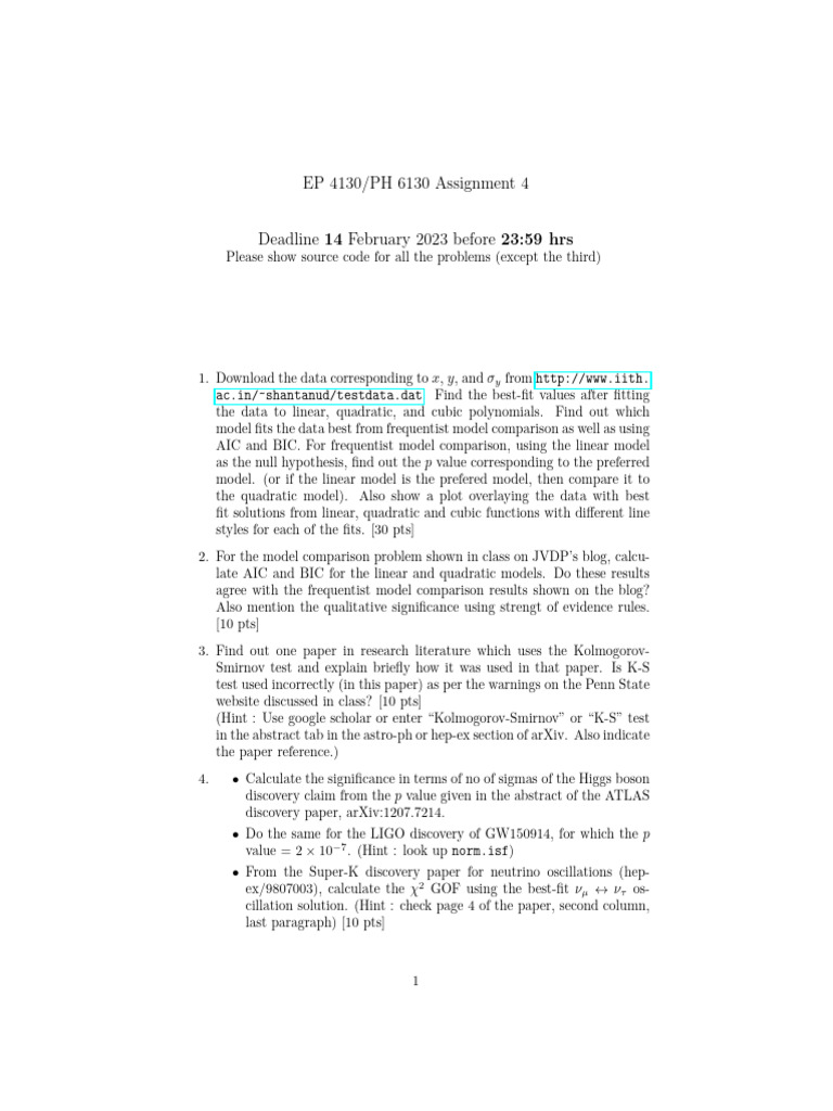 Data Fitting and Model Comparison Assignment | PDF