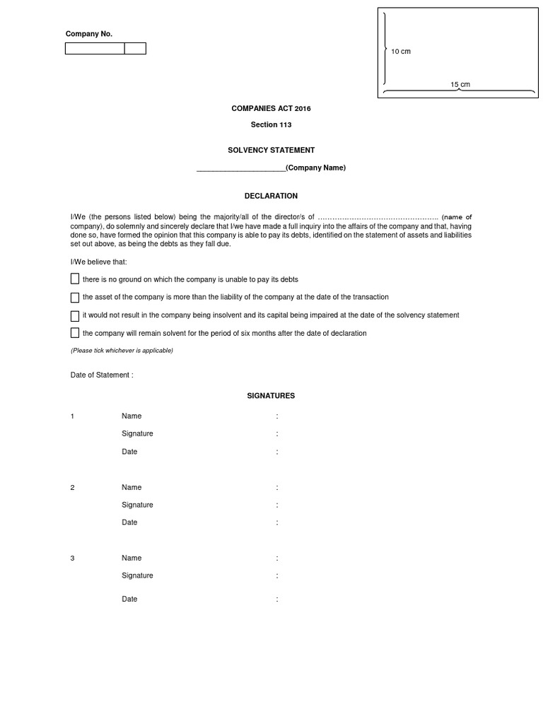Solvency Statement Under S 113 130317 | PDF | Debt | Personal Finance