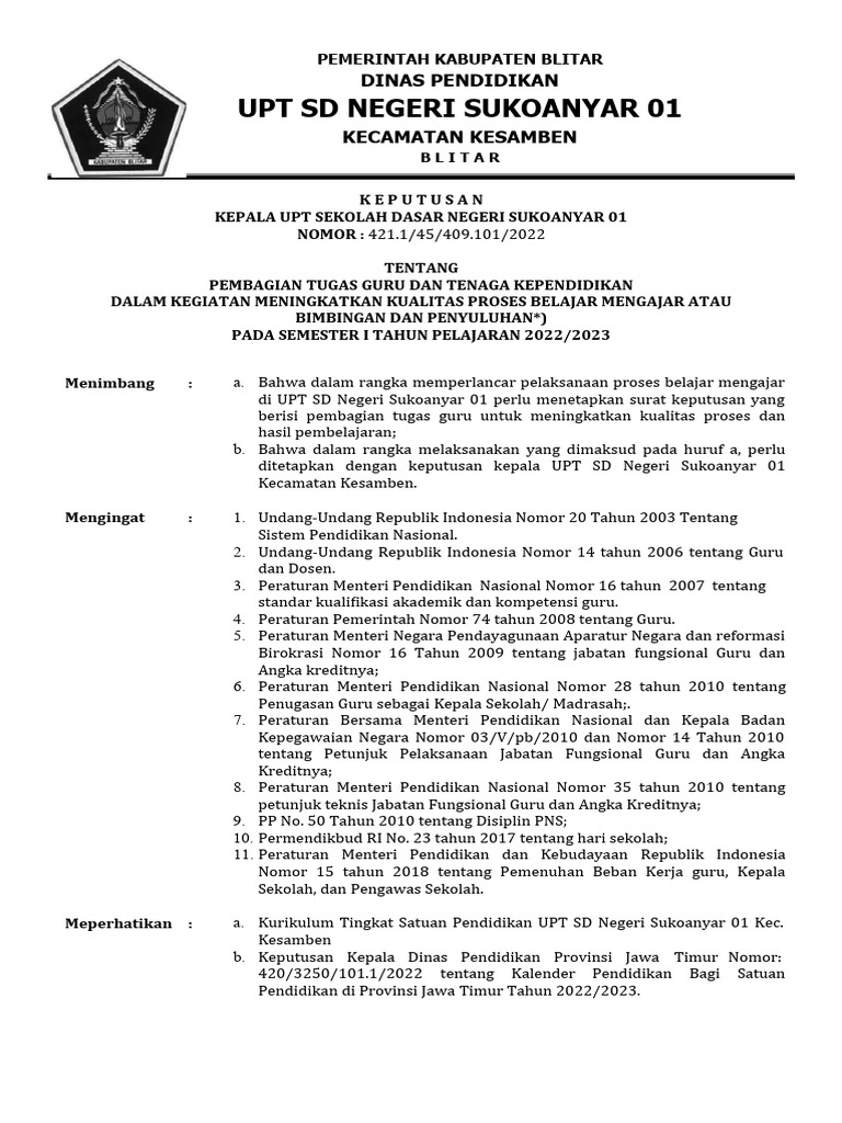 SK Pembagian Tugas 2022-2023 Widodo | PDF