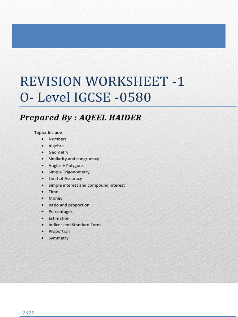 Wrksheet Math Revison Grade 9 #1 | PDF