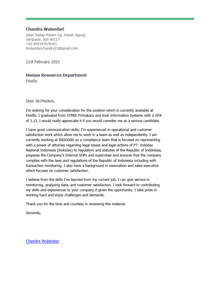 Cover Letter 2022 - Chandra Wulandari | PDF