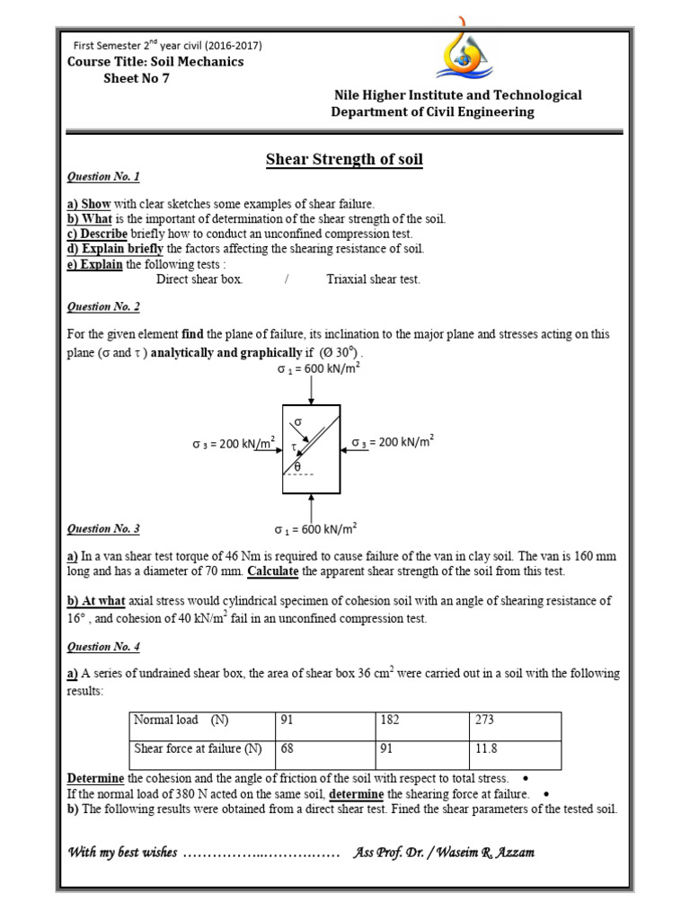 Sheet 7 Shear | PDF | Teaching Methods & Materials | Science & Mathematics
