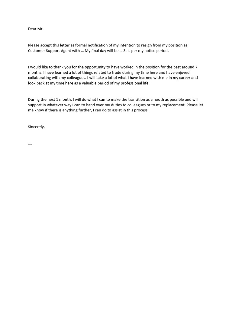 One Month Resignation Letter Template | PDF