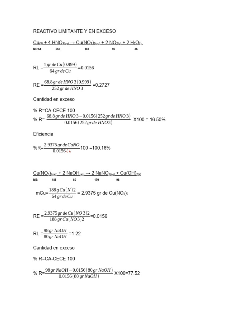 CAlCULOS REACTIVO LIMITANTE Y EN EXCESO | PDF