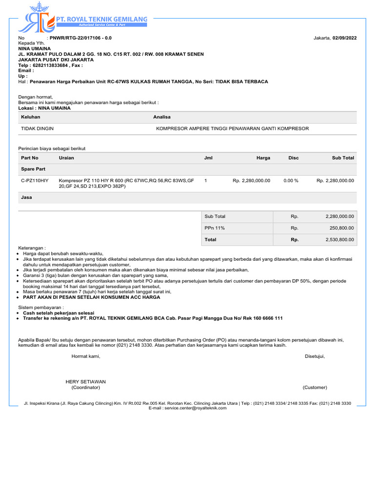 PROJ RTG-22 044465 Penawaran | PDF