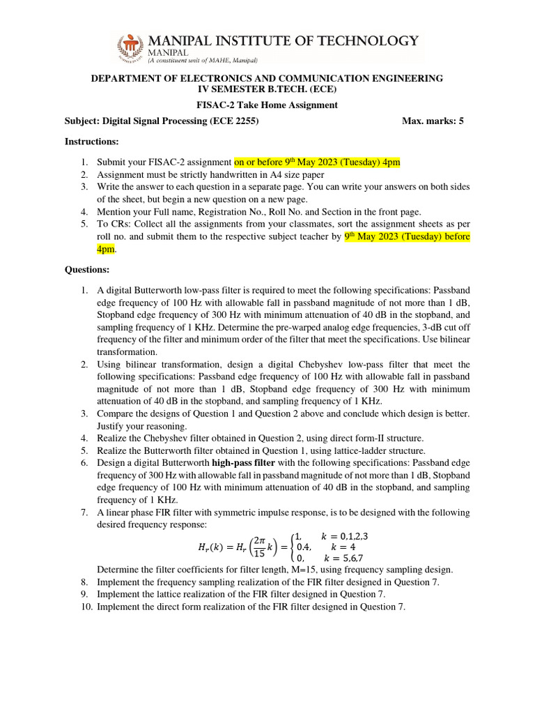 FISAC-2-DSP Take Home Assignment (1) | PDF | Filter (Signal Processing) | Low Pass Filter