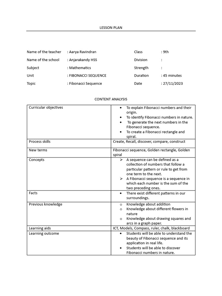 Fibonacci Sequence Lesson Plan | PDF | Sequence | Teachers
