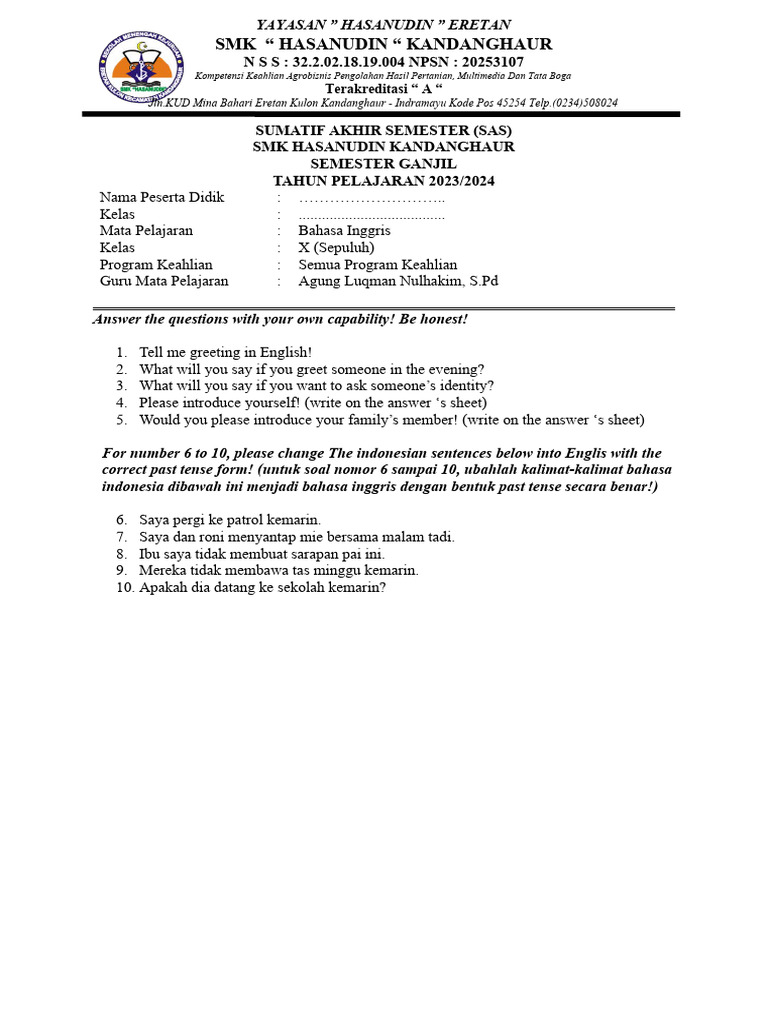 SAS BING Kelas X Ganjil | PDF