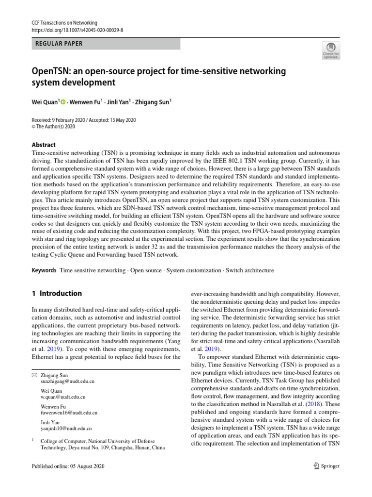 Opentsn An Open Source Project For Time Sensitive Networking System Development Pdf