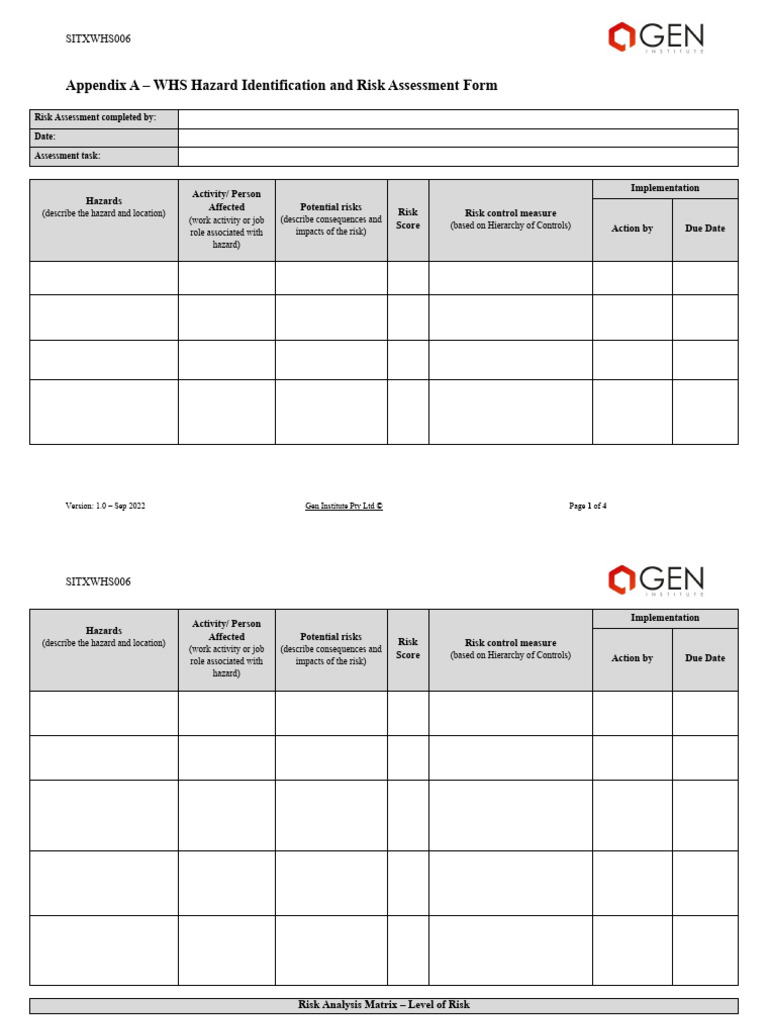 Sitxwhs006 - Appendix A | PDF | Risk | Hazards