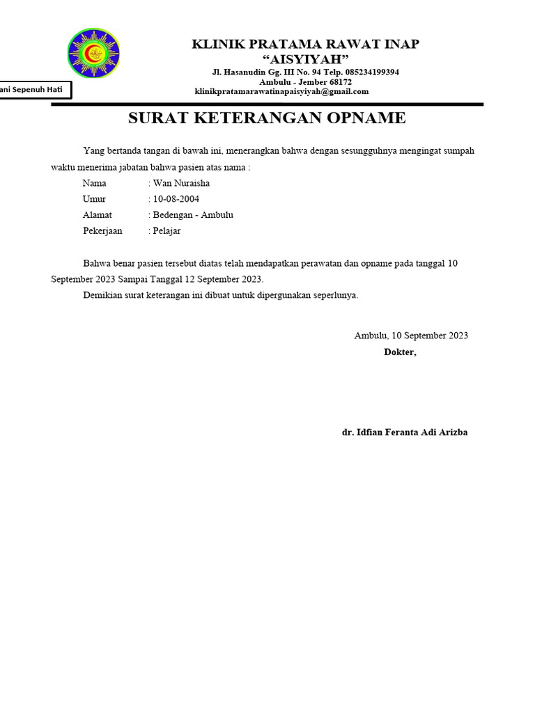 Surat Keterangan Opname Pasien Nuraisha | PDF