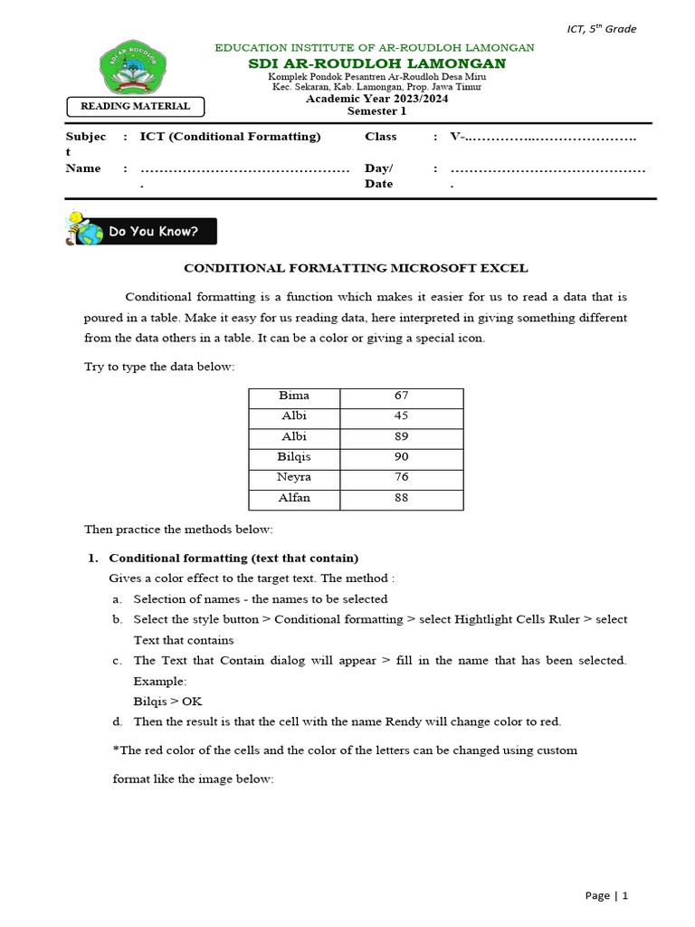 1.2 Conditional Formatting | PDF