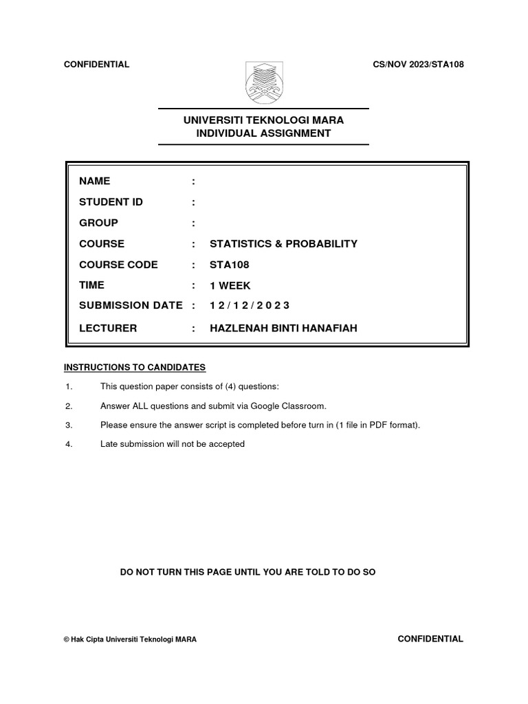 STA108 Individual Assignment Overview | PDF | Knee | Statistics