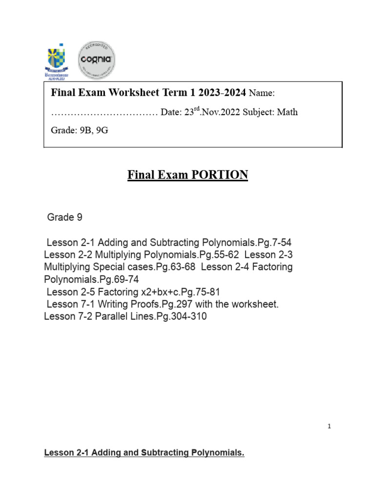 Grade 9 Math Final Exam Worksheet | PDF | Teaching Methods & Materials