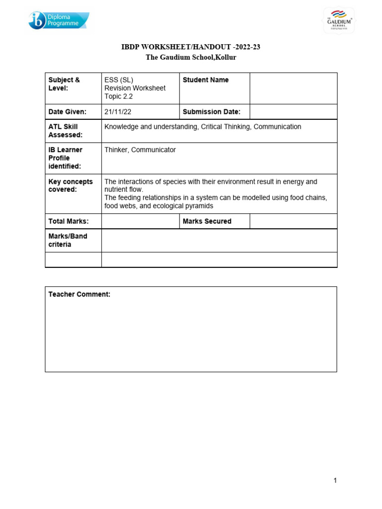 IBDP ESS Revision Worksheet 2022-23 | PDF | Ecology | Food Web