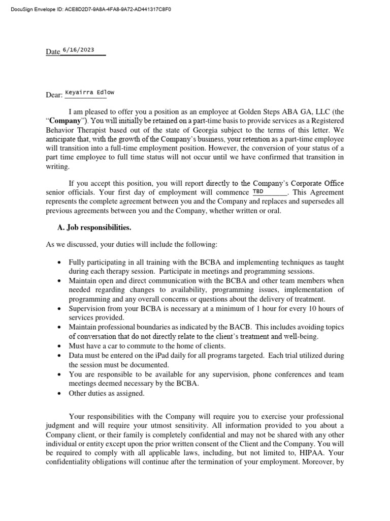 RBT Hourly PT Employment Offer Letter | PDF | Arbitration | Mediation