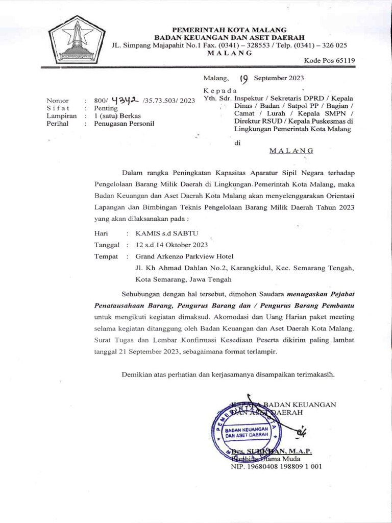 Surat Penugasan Personil SKPD DL 2023 | PDF