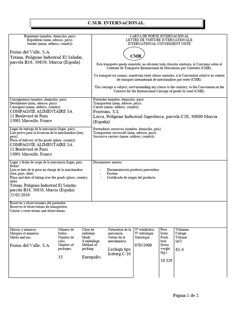 Ejemplo de CMR Internacional Rellenado | PDF | Gestión de la cadena de ...