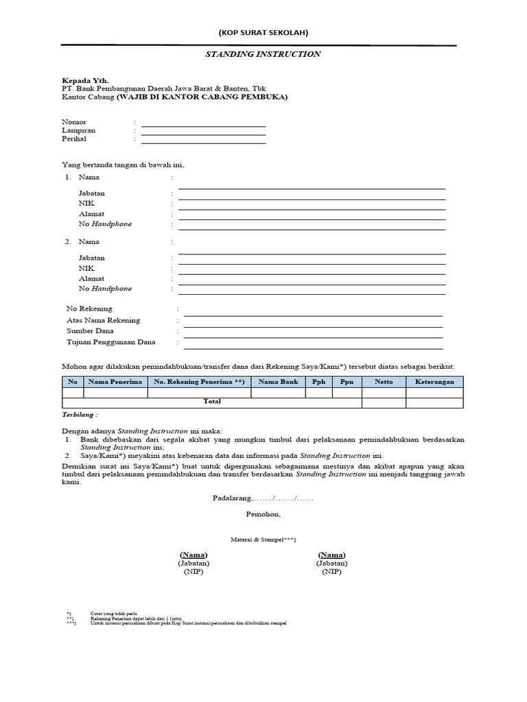 Contoh Surat Standing Instruction Bank | PDF