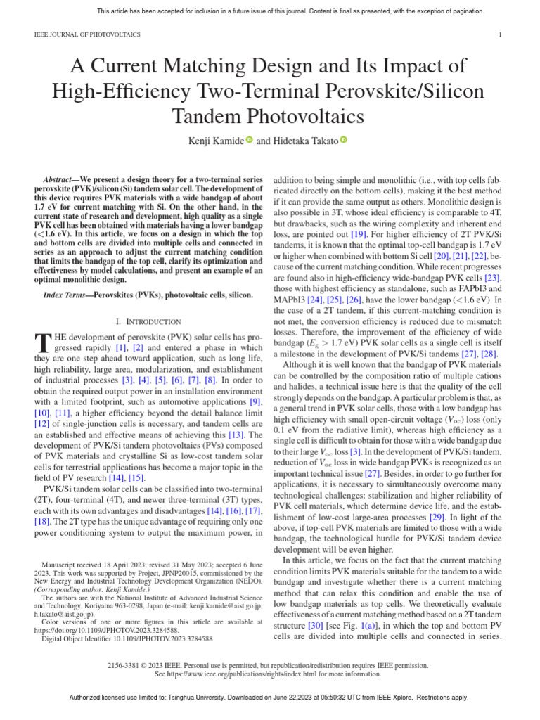 A Current Matching Design and Its Impact of High-Efficiency Two-Terminal Perovskite Silicon ...