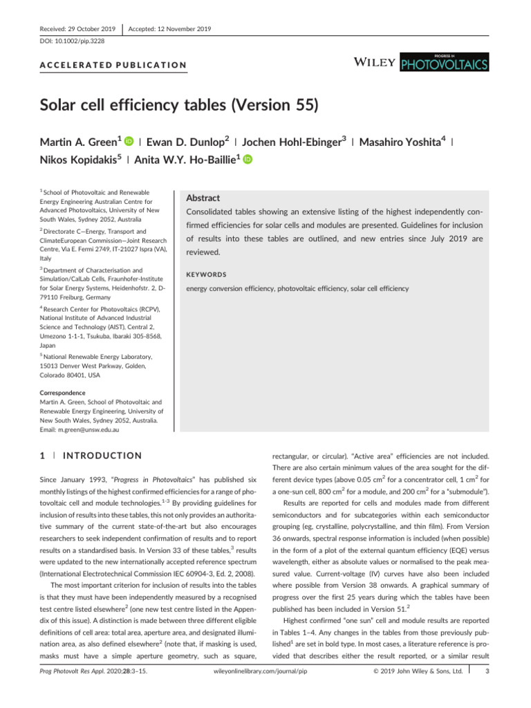 Green, M. A., Et Al. Solar Cell Efficiency Tables (Version 55) . | PDF ...