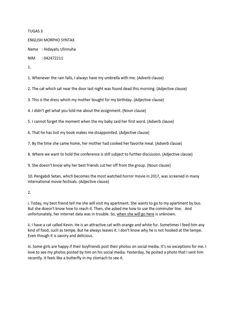 Tugas 3 English Morpho Syntax - 042472211 - Hidayatu Ulinnuha | PDF
