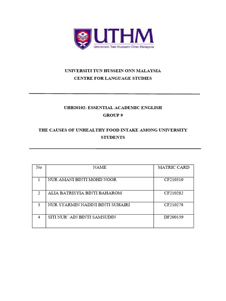 The Causes of Unhealthy Food Intake Among University Students (g9) | PDF