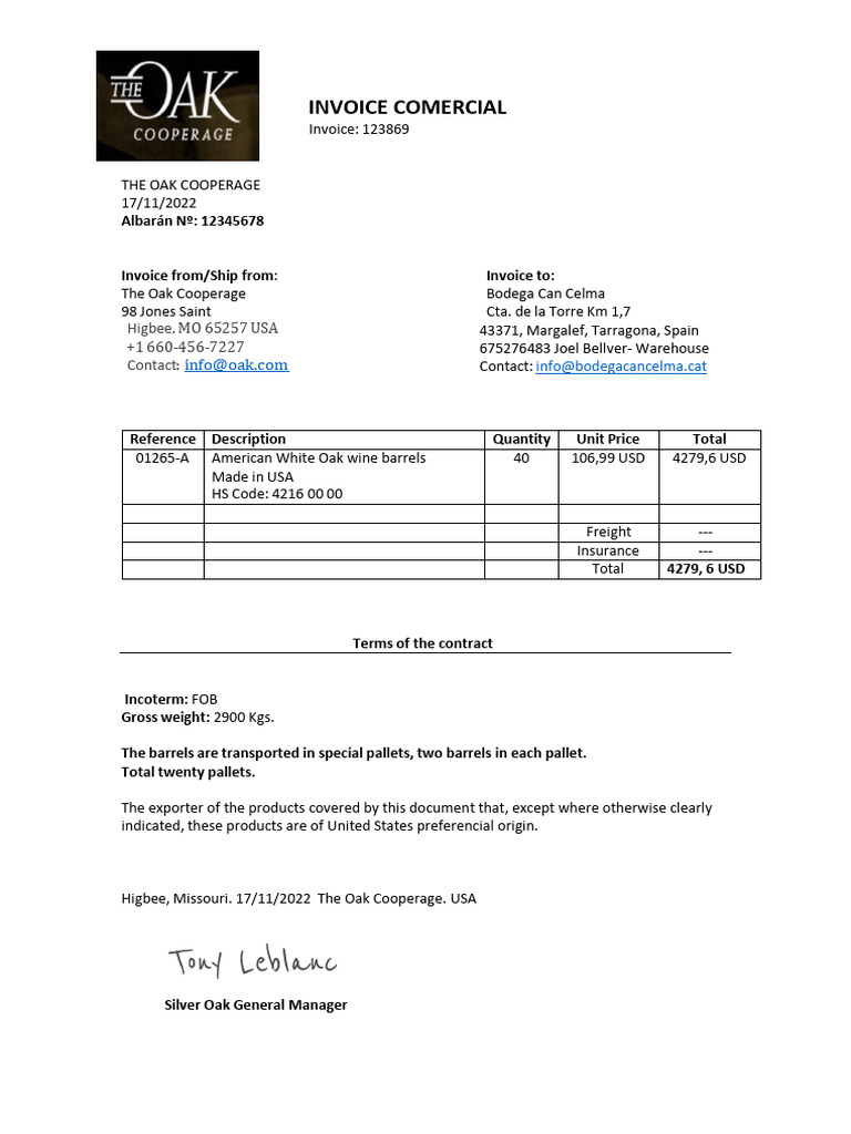 Definitive Comercial Invoice (English Example) | PDF