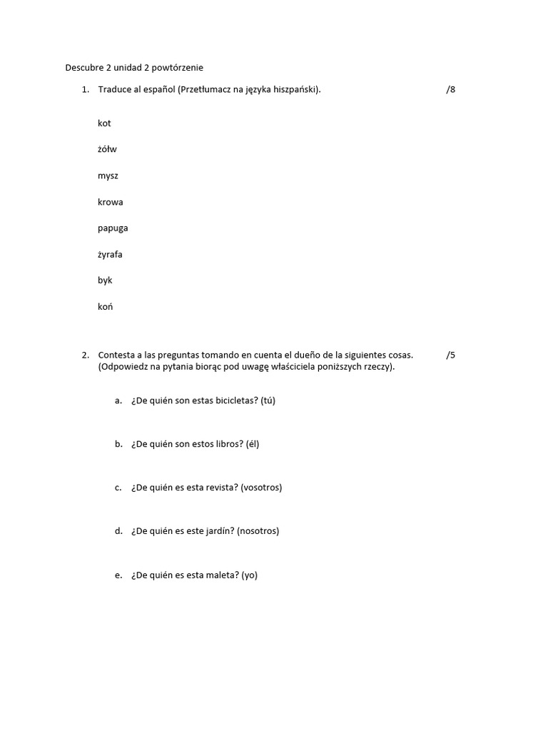 Descubre 2 Unidad 2 Powtórzenie | PDF