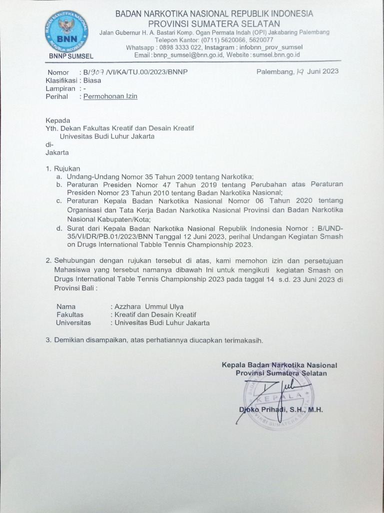 Surat Dispensasi Atlit BNN Sumsel | PDF