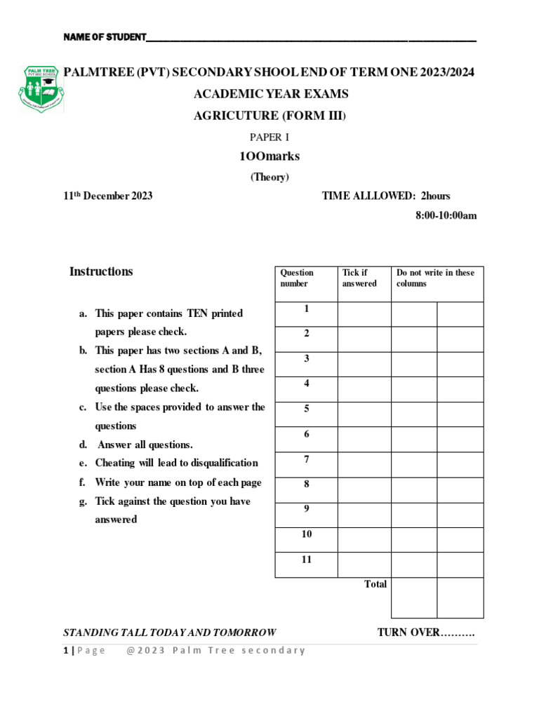 Agriculture - Form - 3 - PAPER 1 | PDF | Soil | Food Industry