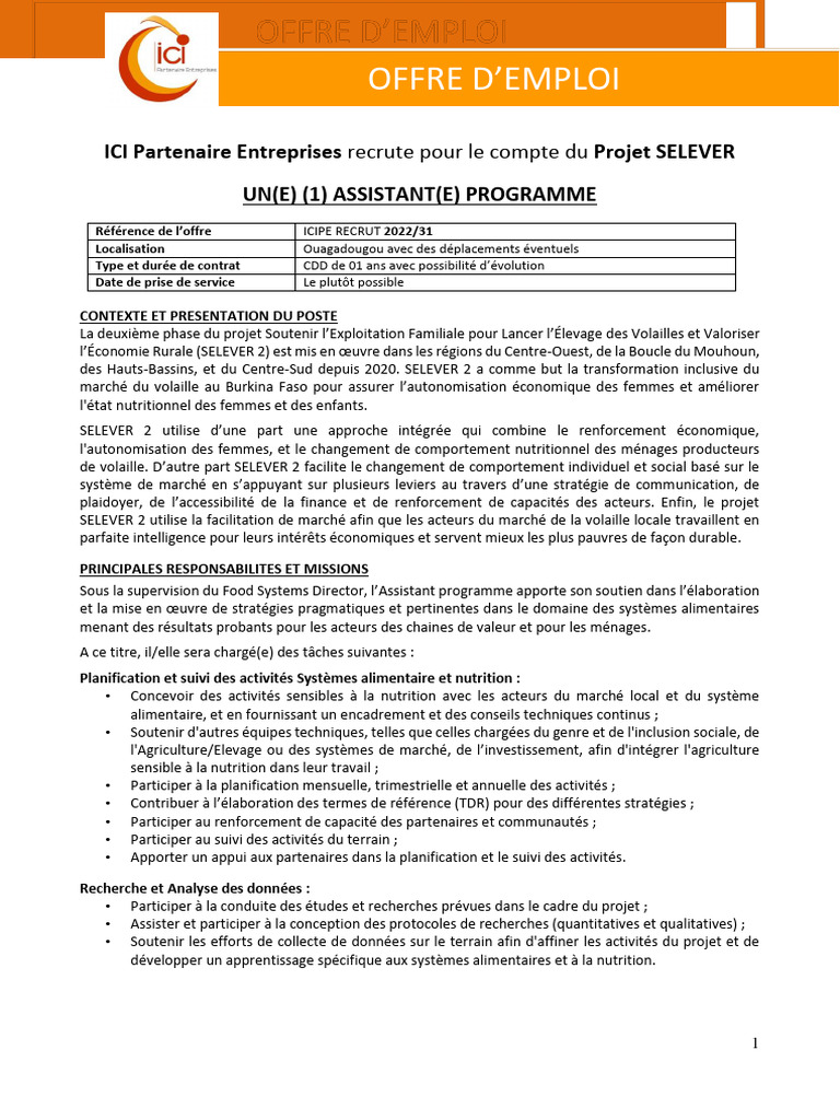 ICI PE Offre D'emploi - ASSISTANT (E) PROGRAMME Bis | PDF ...