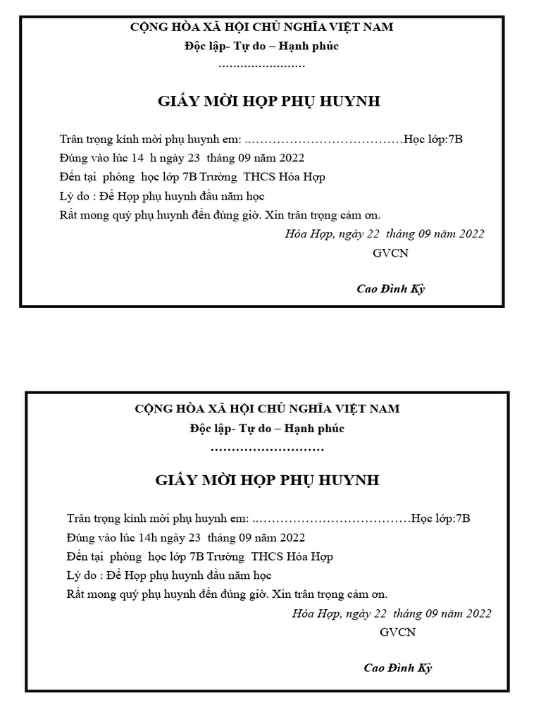 Giay Moi Hop Phu Huynh | PDF