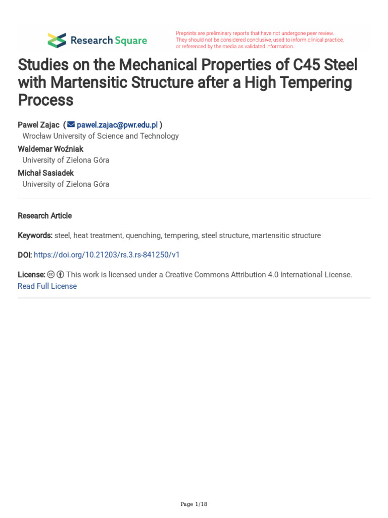Mechanical Properties of C45 Steel After Tempering | PDF | Heat ...