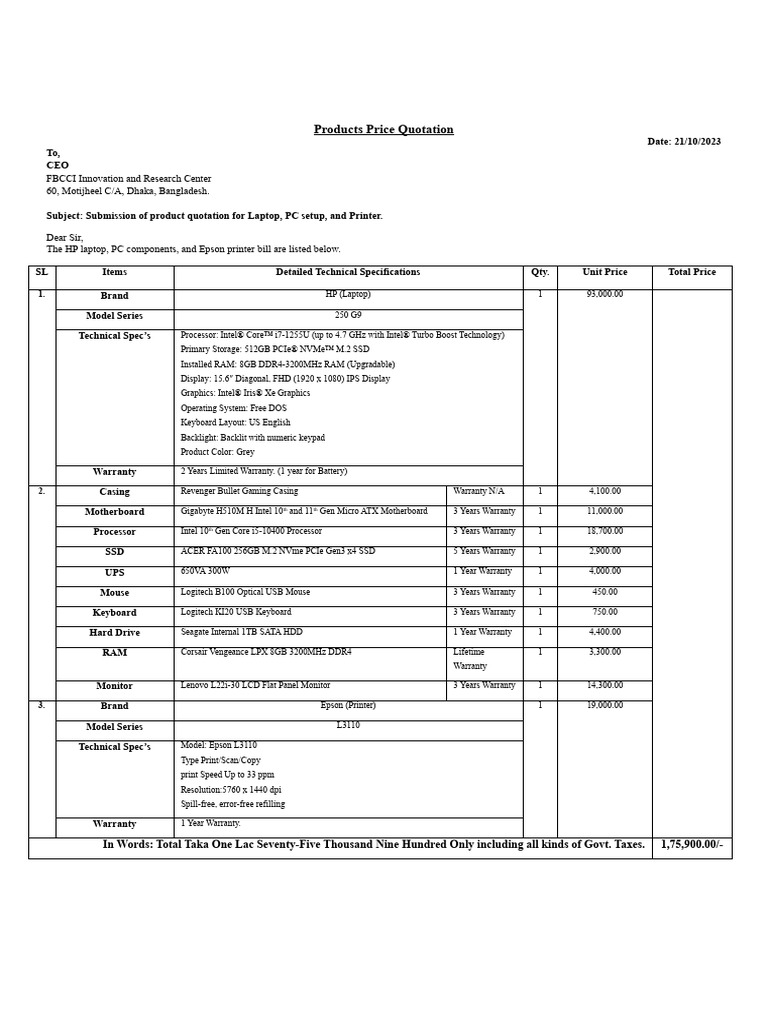 Product Quotation - Laptop + Printer | PDF | Laptop | Solid State Drive