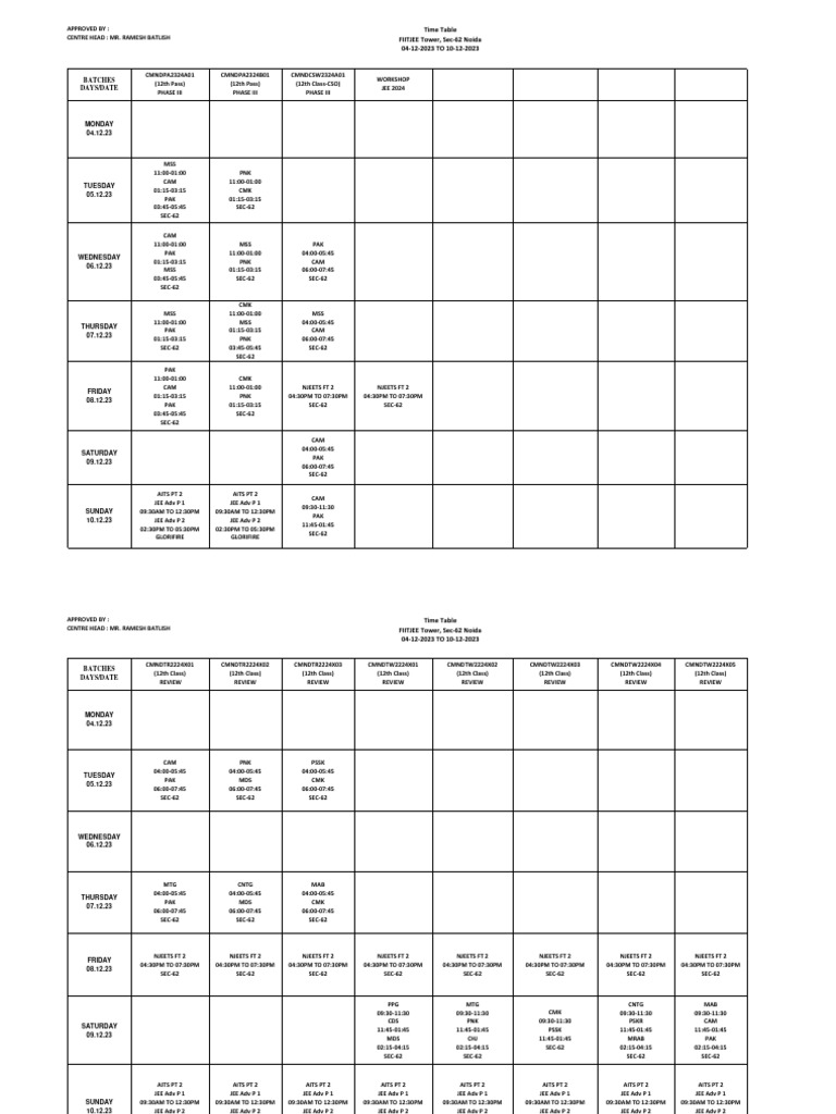 FIITJEE Noida Timetable 04-12 Dec 2023 | PDF